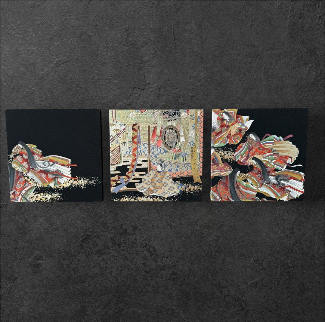 Heian-emaki, Kuro-tomesode, Japanese Kimono Wall Art (set of 3), Fabric ...