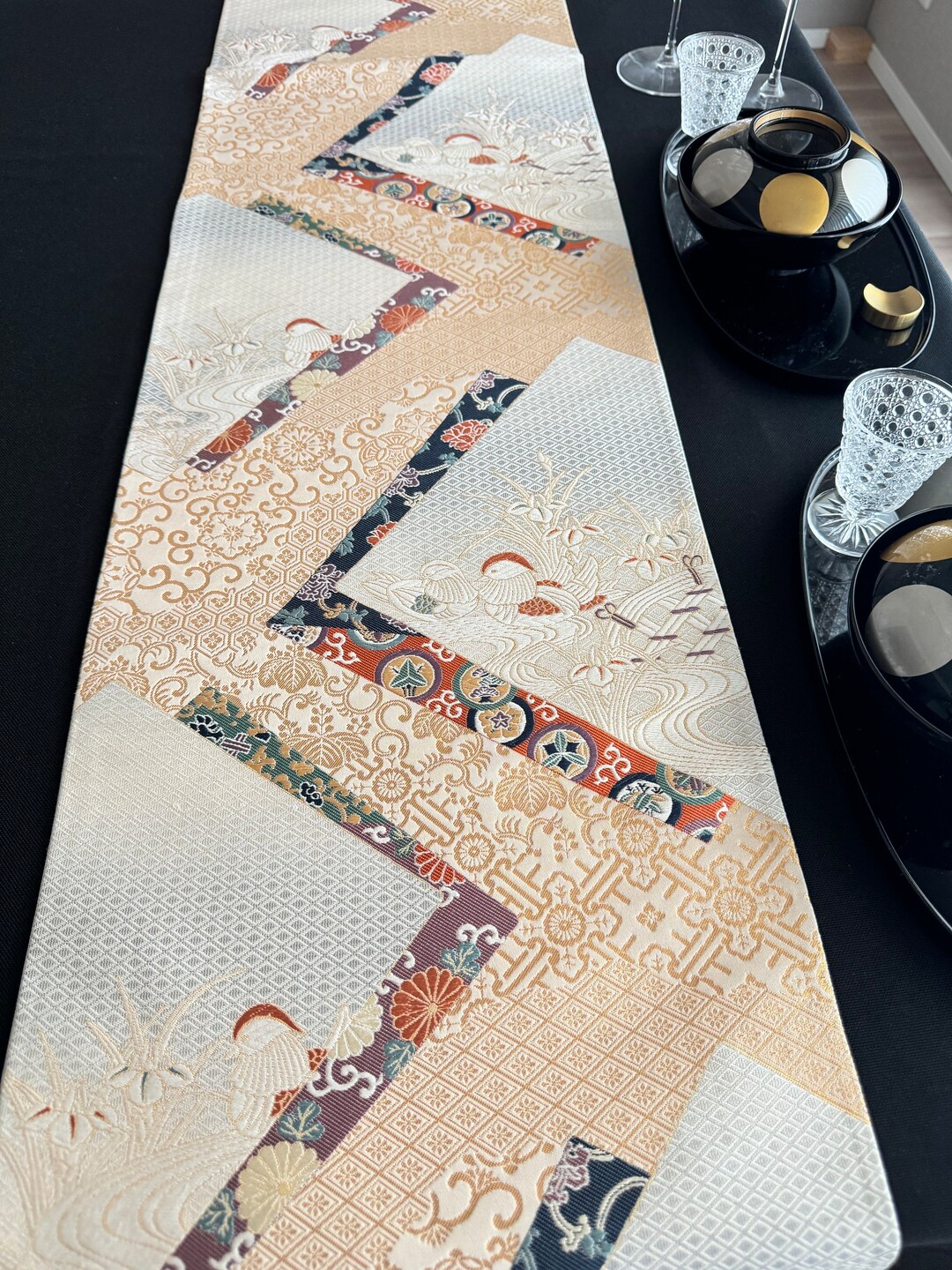 Birds, Gold, Custom Japanese Silk Table Runner,japanese Obi Runner(one ...