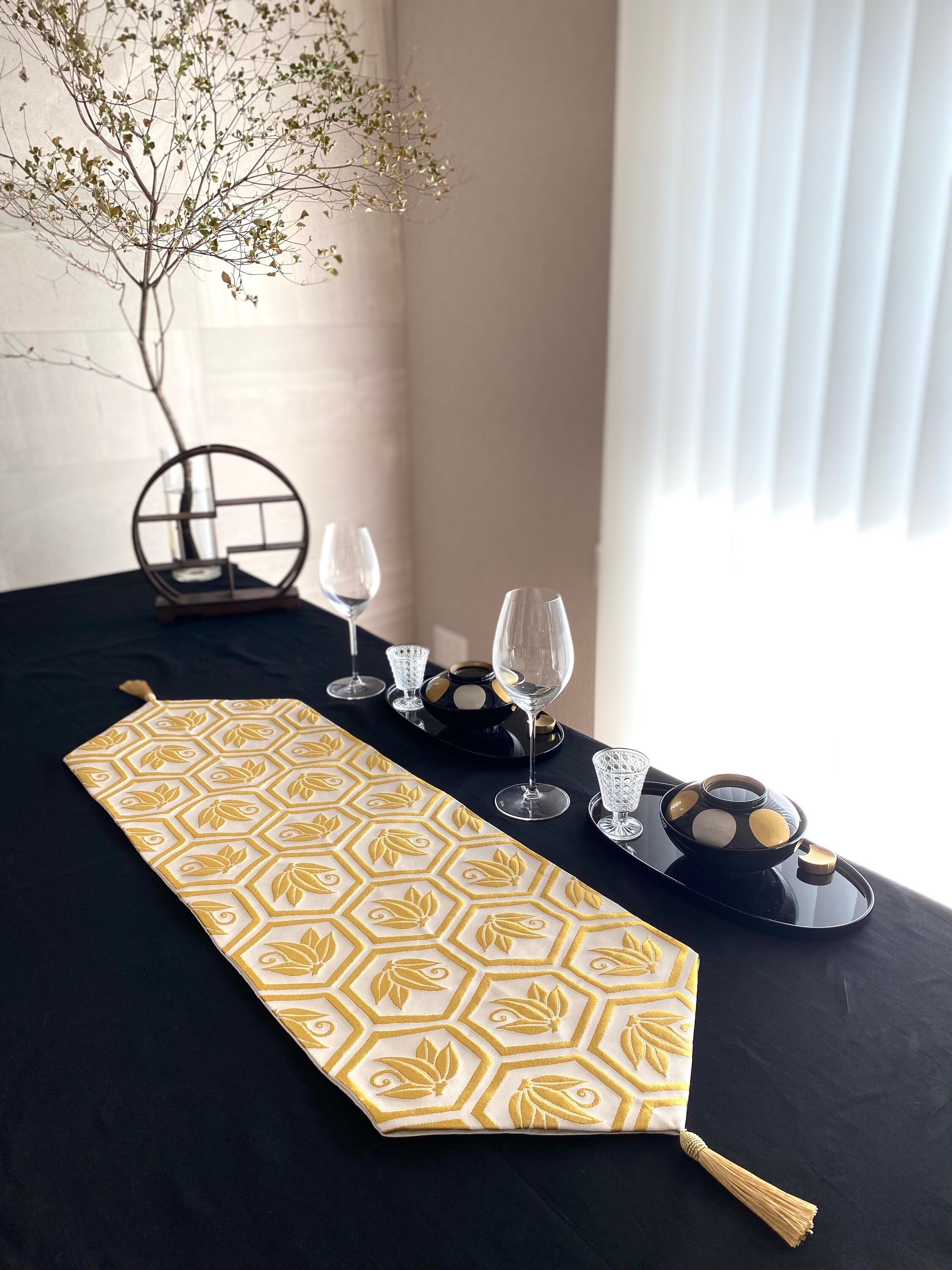 Gold Centerpiece, Japanese Table Centerpiece, Japanese Obi(one of a ...