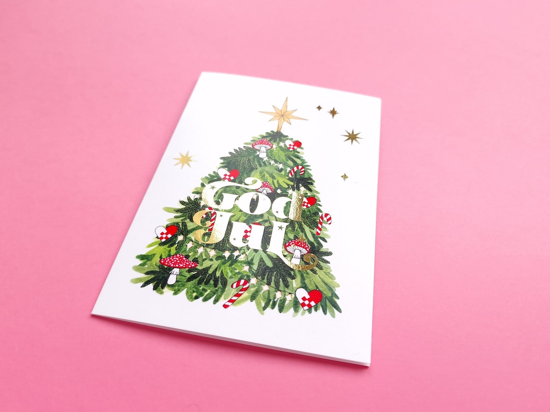 God Jul Christmas Card With Christmas Tree and Gold Foiling - Etsy