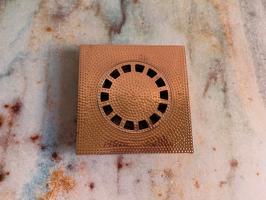 6" Square Copper Finish Floor Drain, Hammered Copper Drain for Bathroom ...