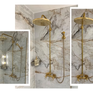 Antique Brass Exposed Pipe Shower System, Unlacquered Brass Shower ...