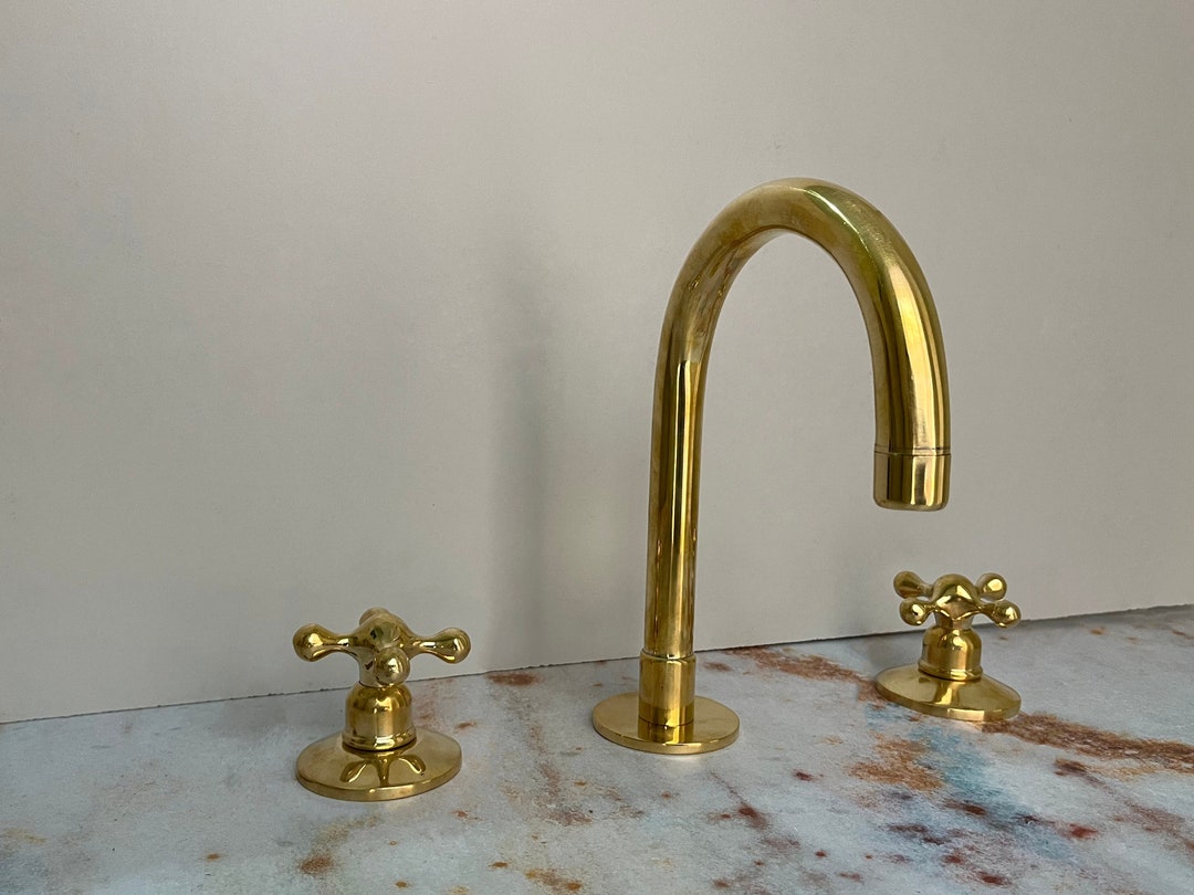 Brass Three Hole Cross Handle Bathroom Faucet, Unlacquered Brass 3 ...