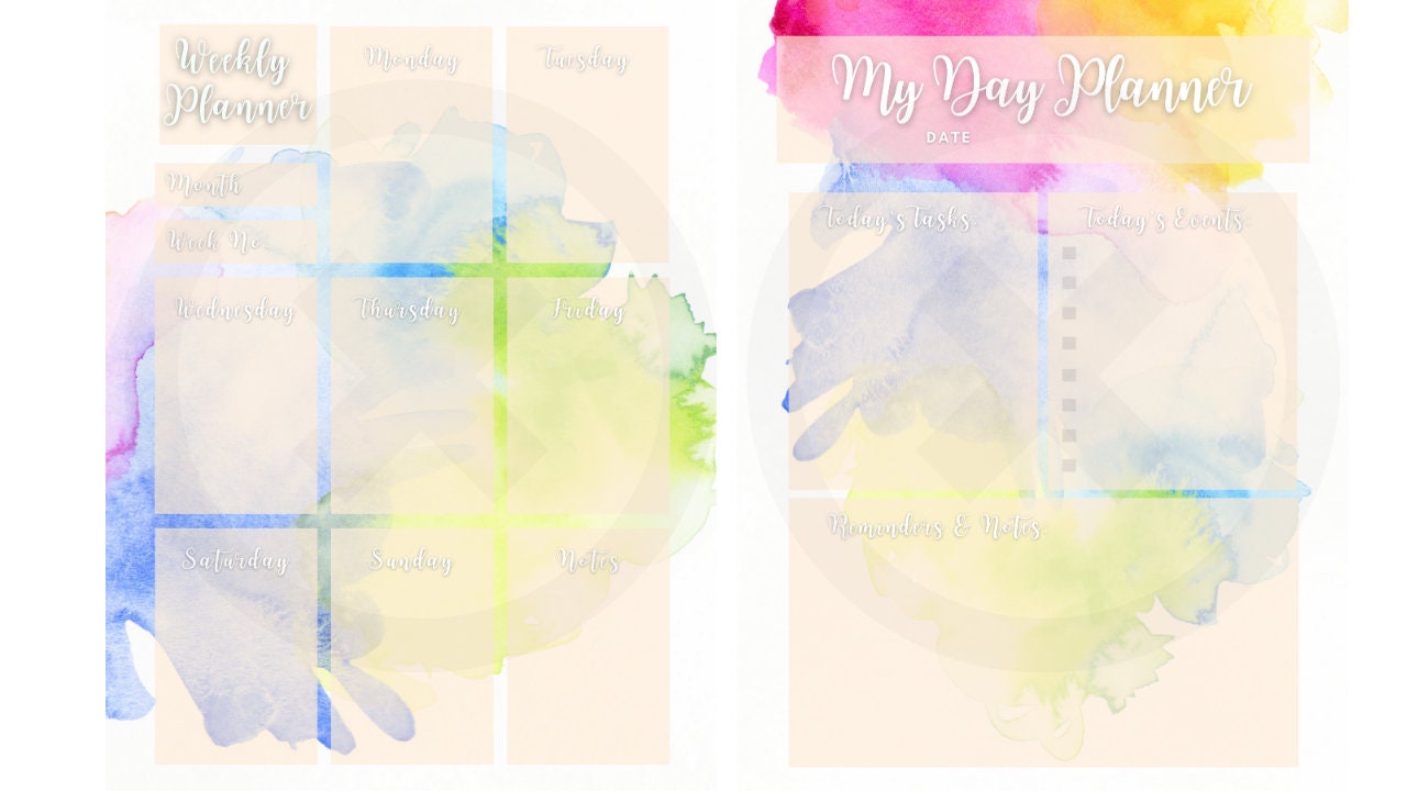Printable Rainbow Watercolor Themed Daily Planner, Weekly Planner and ...