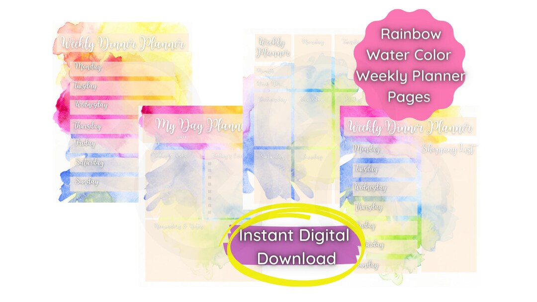 Printable Rainbow Watercolor Themed Daily Planner, Weekly Planner and ...