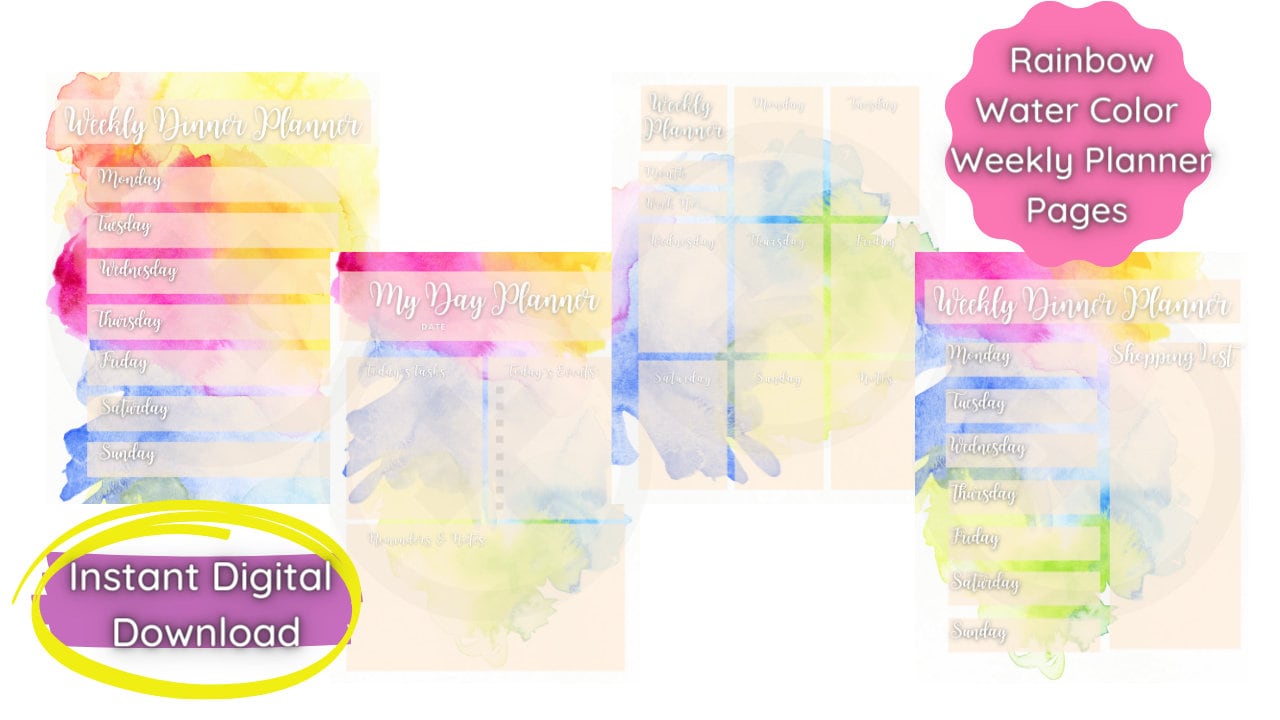 Printable Rainbow Watercolor Themed Daily Planner, Weekly Planner and ...
