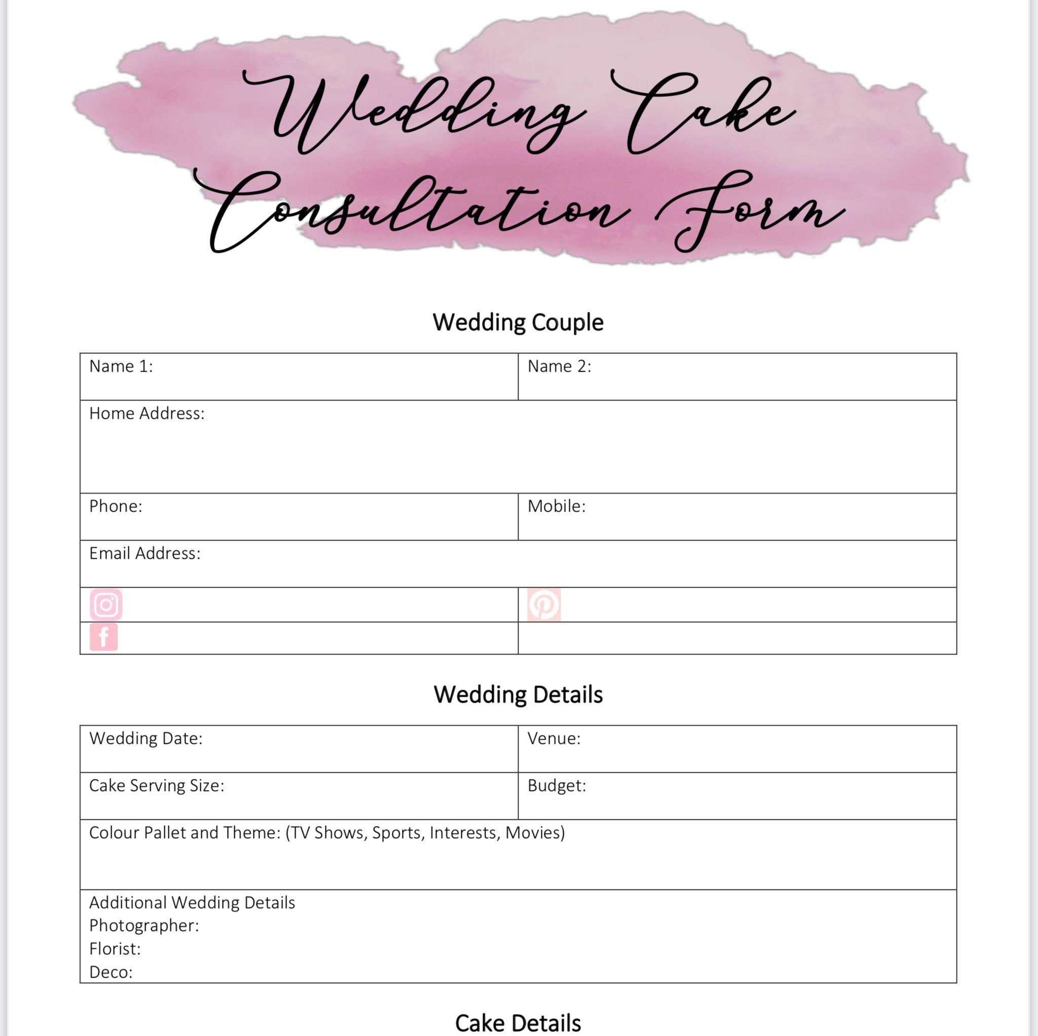 Wedding Cake Consultation Form - Etsy