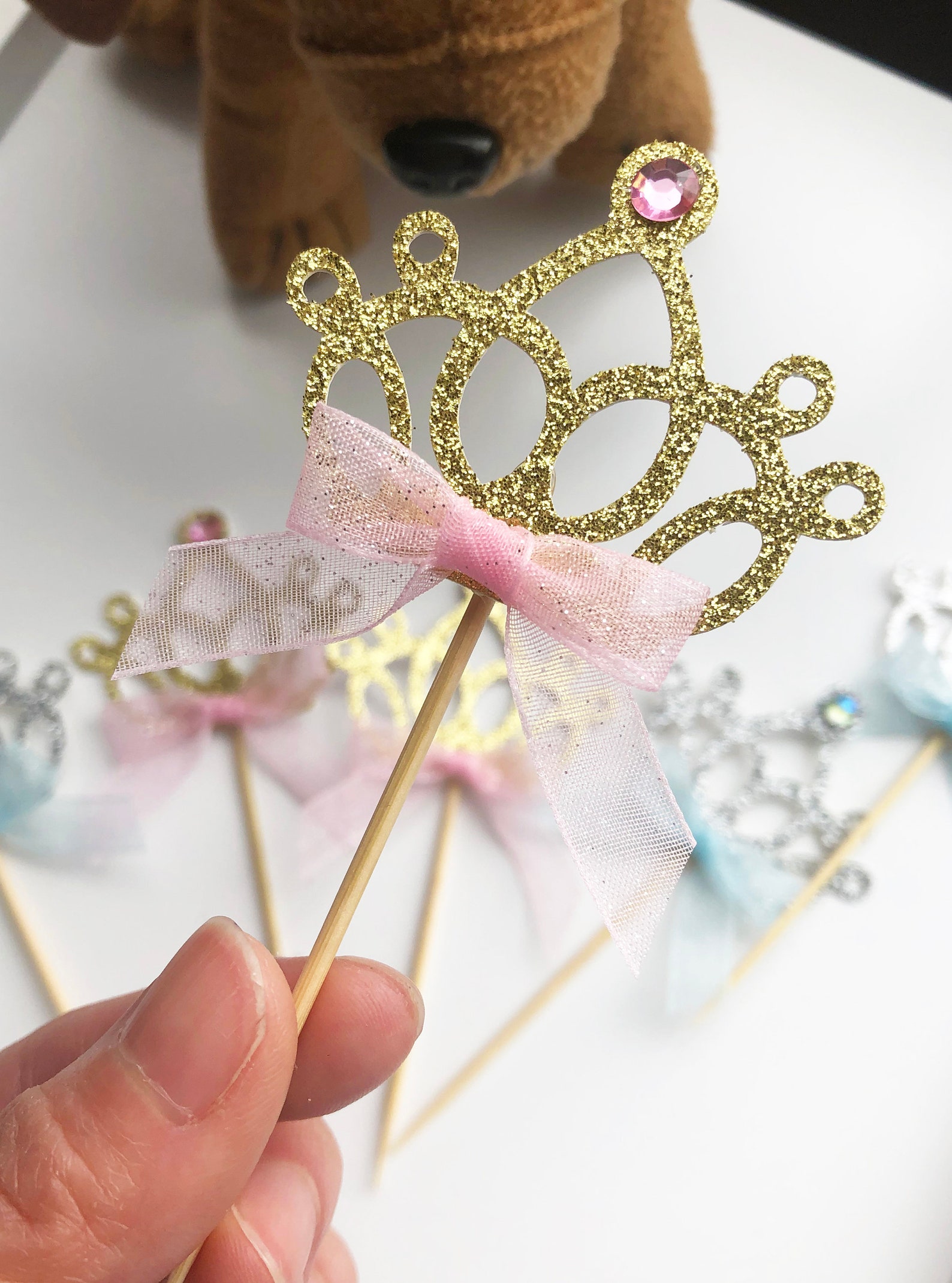 Gold Glitter Princess Crown Cupcake Toppers with Pink Hand | Etsy