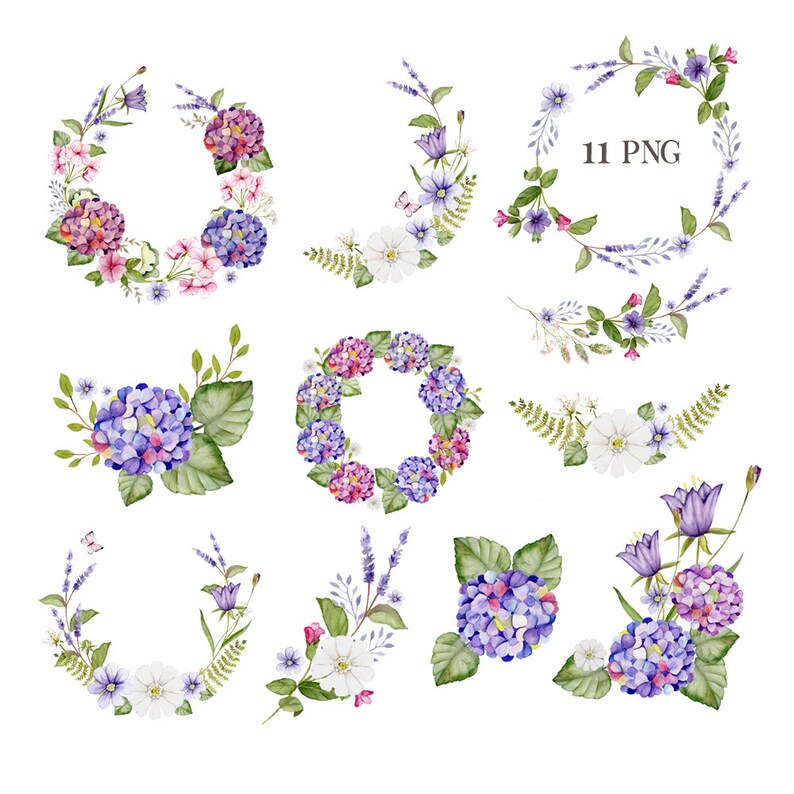 Hydrangea Clipart. Watercolor Wreaths With Hydrangeas. Wild Flowers ...
