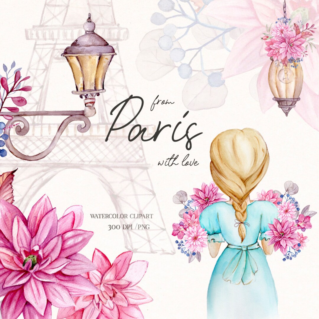 Watercolor Clipart Paris, French Style, Eiffel Tower, Floral Clipart ...