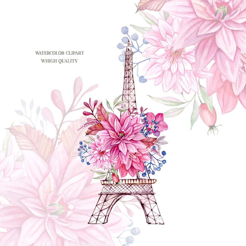 Watercolor Clipart Paris, French Style, Eiffel Tower, Floral Clipart ...