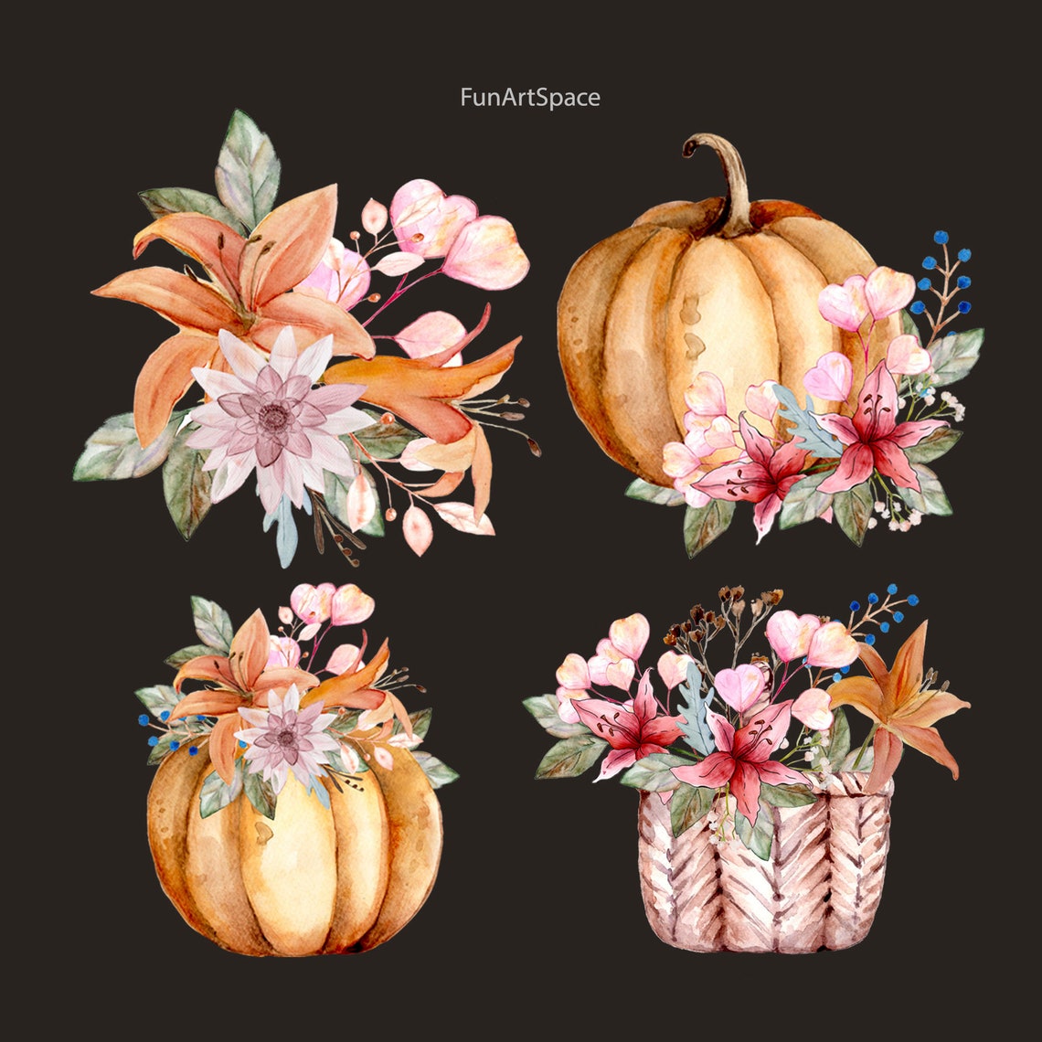 Pumpkin Watercolor Clipart, Autumn Compositions Png - Etsy