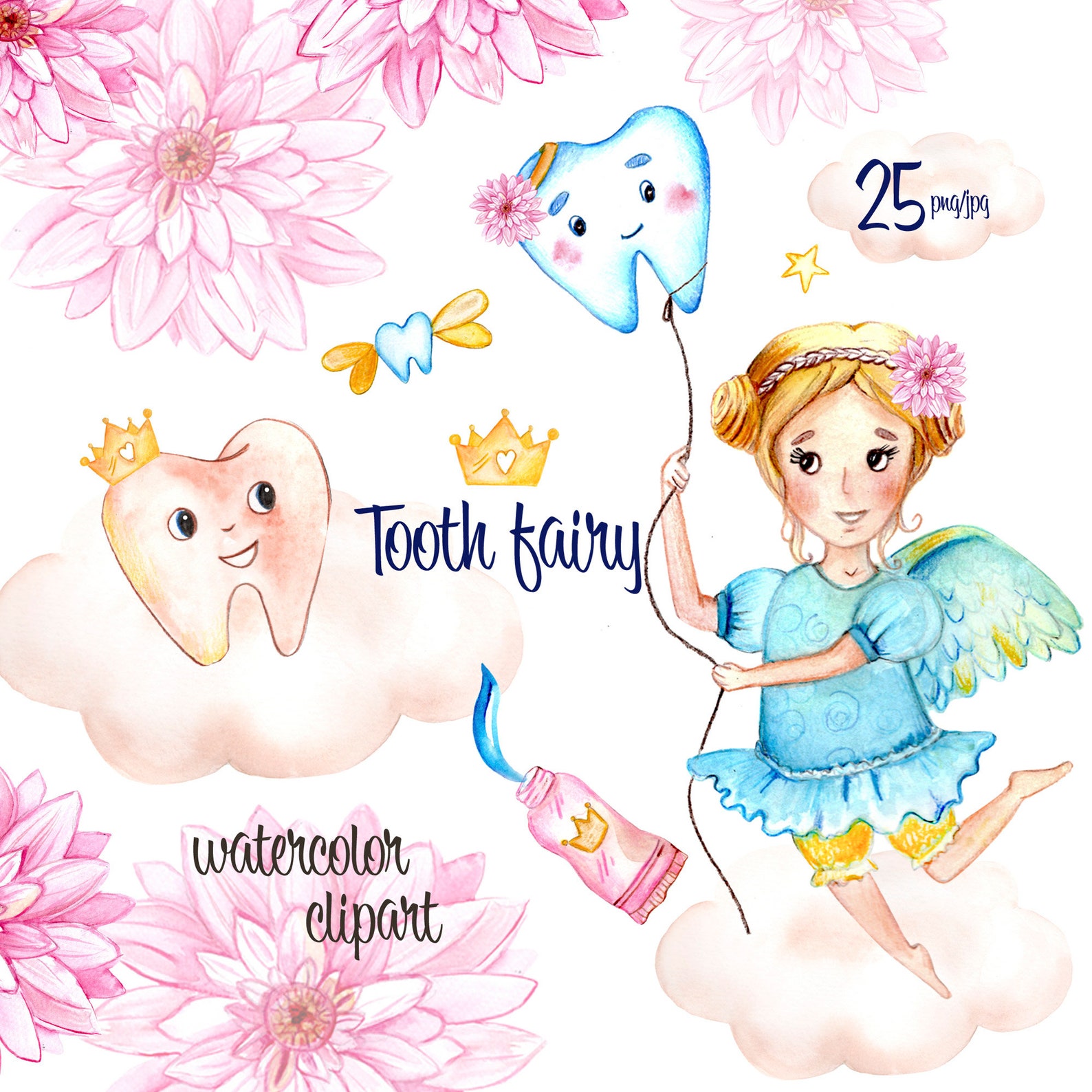 Watercolor Tooth Fairy Clipart. Kid's Bed Time. Watercolor Nursery ...