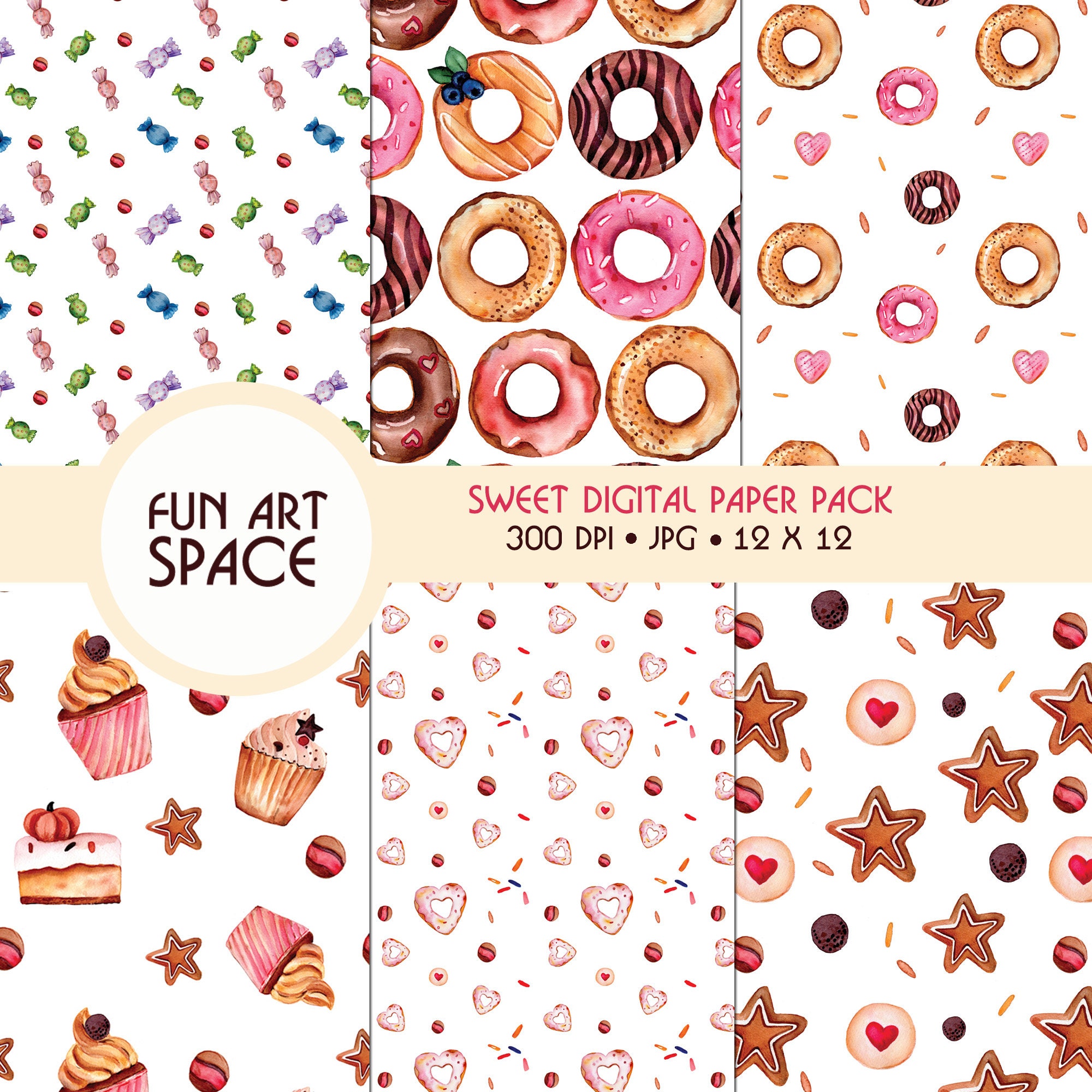 Bakery Digital Paper Pack, Watercolor Desserts, Seamless Patterns ...