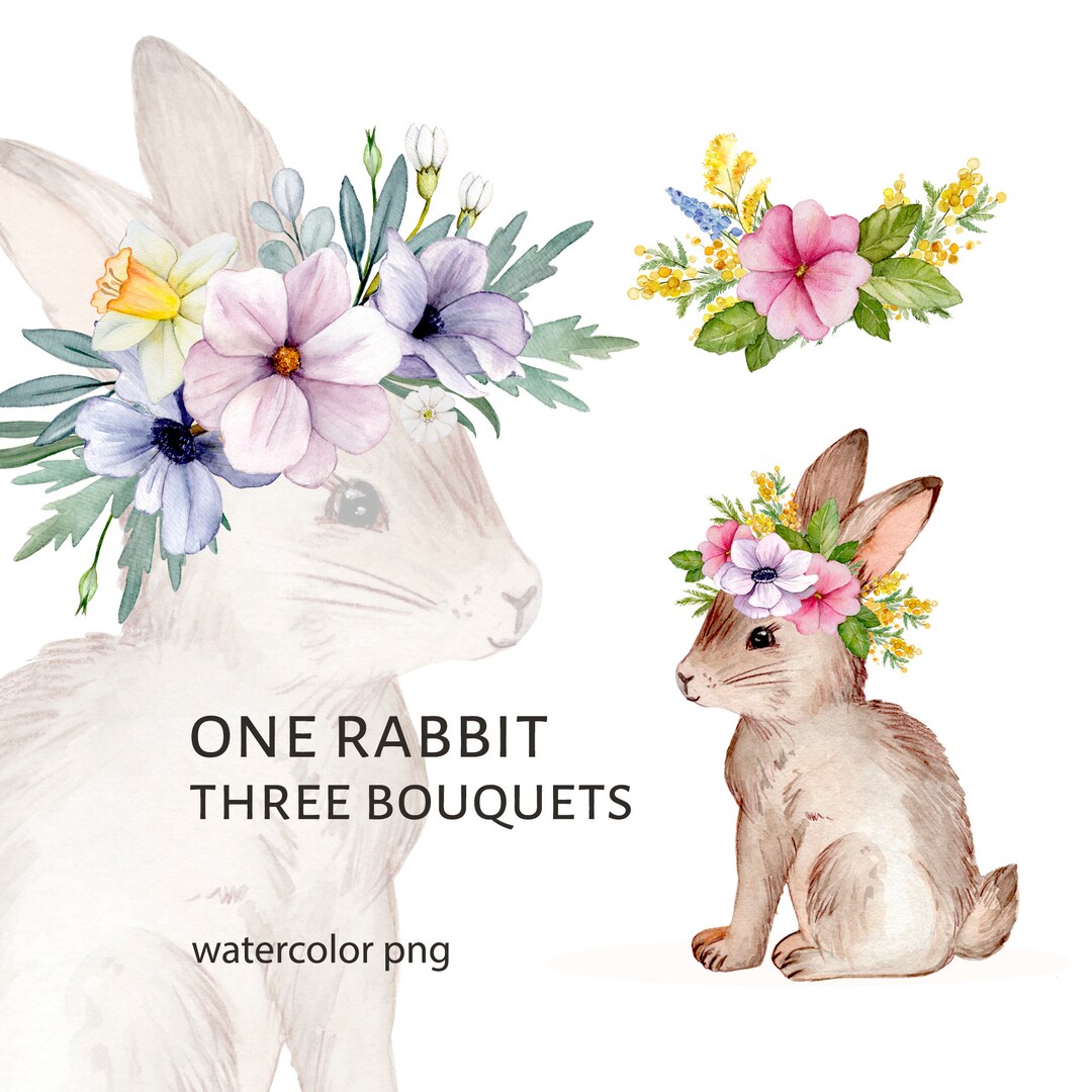Spring Bunny Clipart. Watercolor Rabbit and Floral Wreath, Easter ...