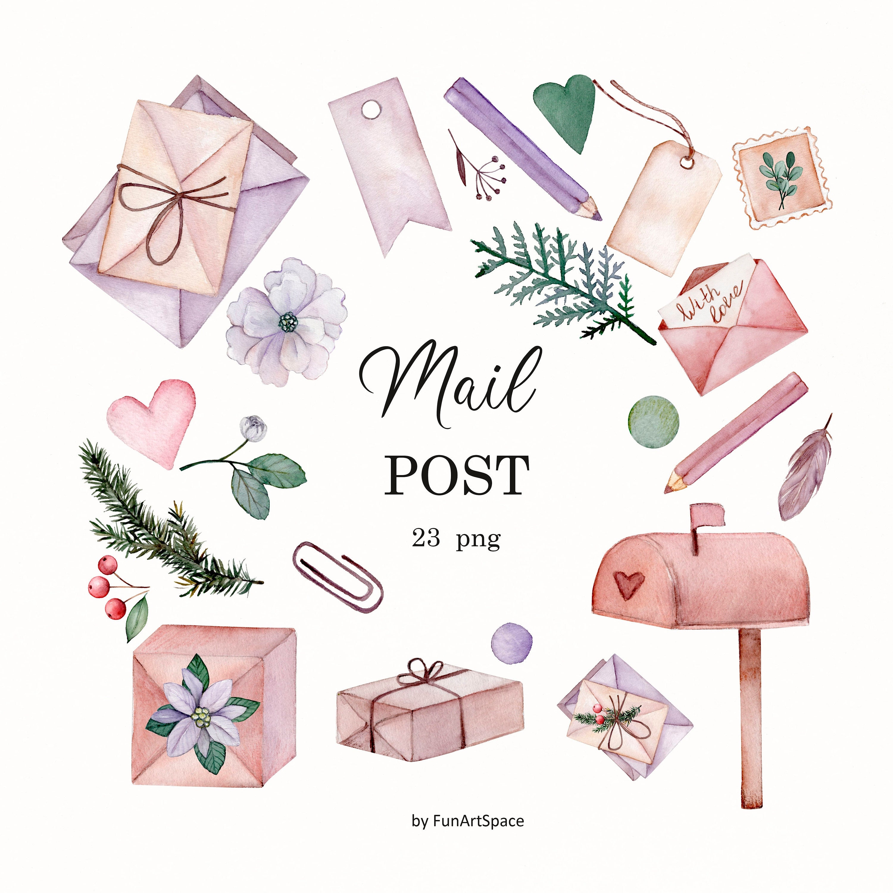 Mail Post Clipart. Letter, Packages, Mail Truck, Flowers, Envelope ...