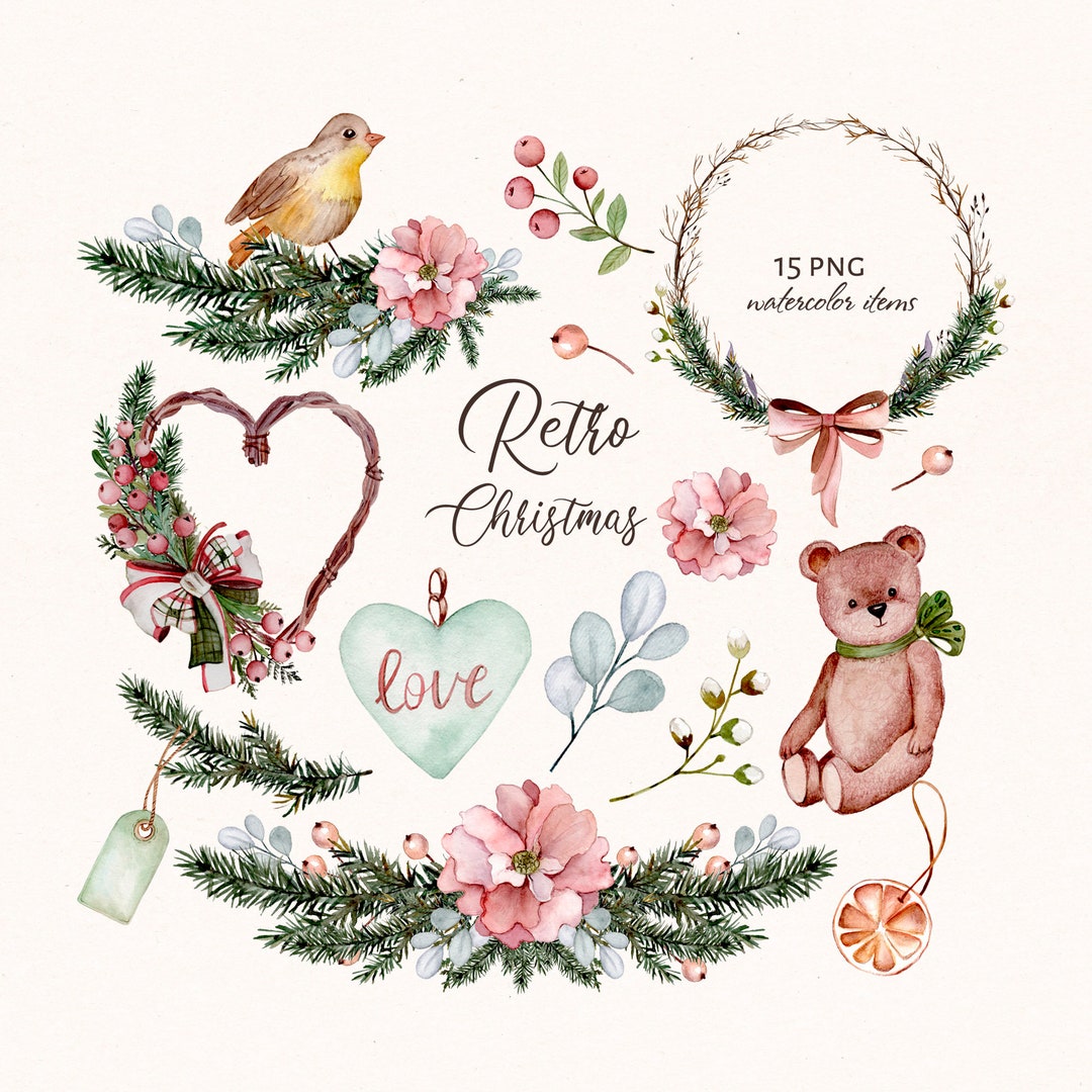 Vintage Watercolor Christmas Clipart. Winter Clipart, Holly Christmas ...
