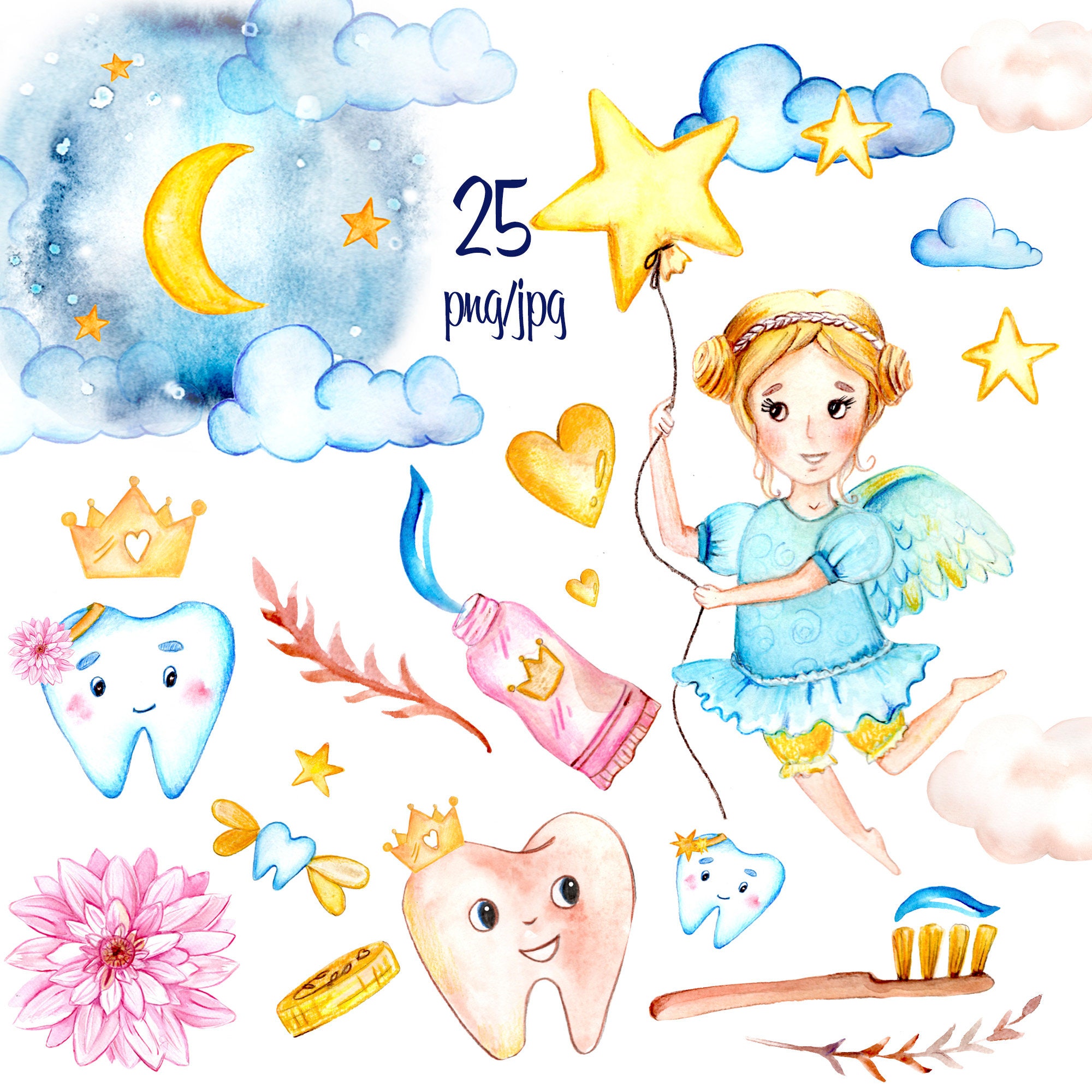 Watercolor Tooth Fairy Clipart. Kid's Bed Time. Watercolor Nursery ...