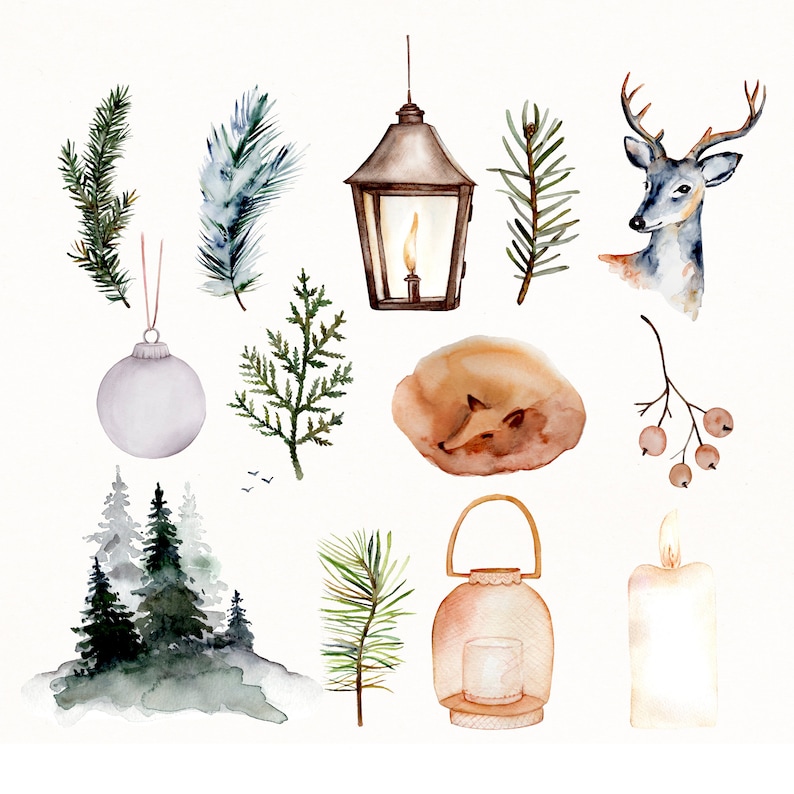 Christmas Watercolor Clipart, Winter Watercolor Set, Holidays Clipart ...