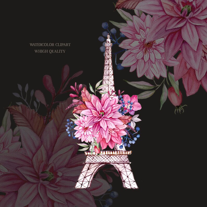 Watercolor Clipart Paris, French Style, Eiffel Tower, Floral Clipart ...
