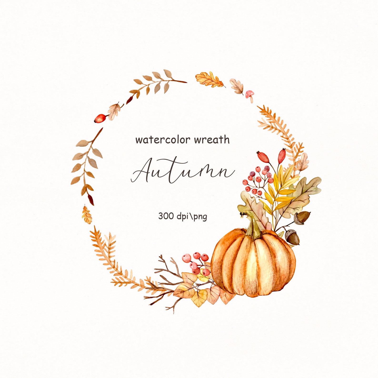 Watercolor Autumn Wreath , Fall Digital Decor, Pumpkin Clipart, Autumn ...