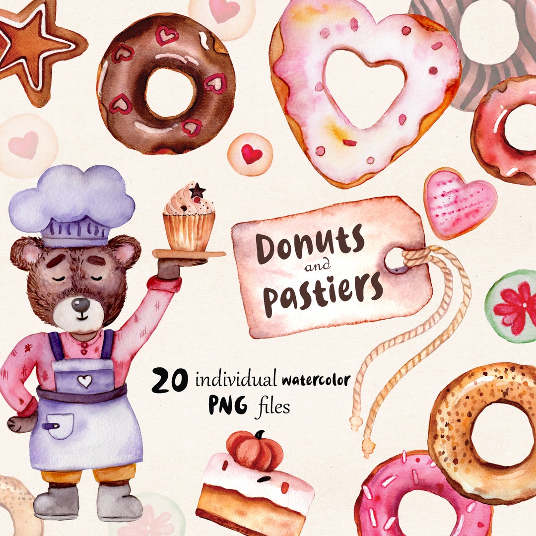 Watercolor Desserts Clipart. Donut Party Set. Watercolor Cartoon Chef ...