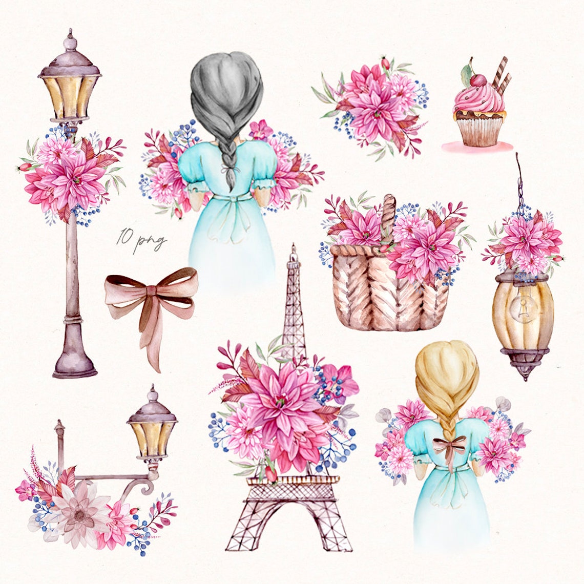 Watercolor Clipart Paris French Style Eiffel Tower Floral - Etsy