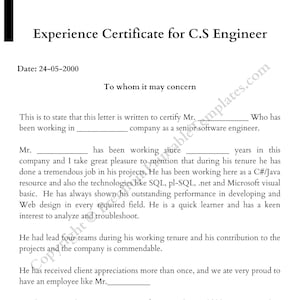 Printable Experience Certificate for C.S Engineer in PDF Word Canva ...