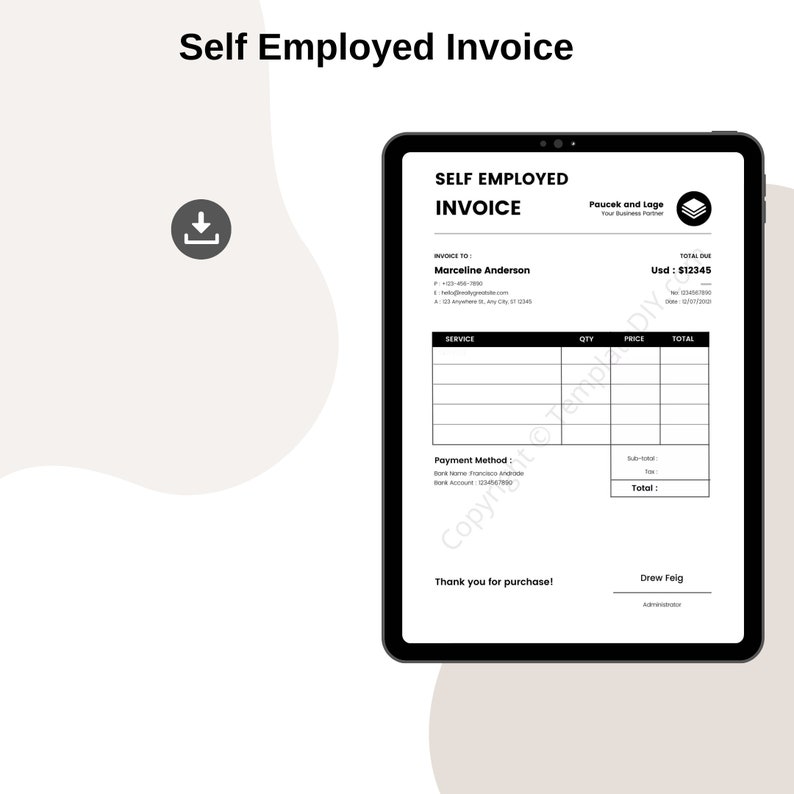 Self Employed Invoice Template Printable Blank in PDF Excel - Etsy