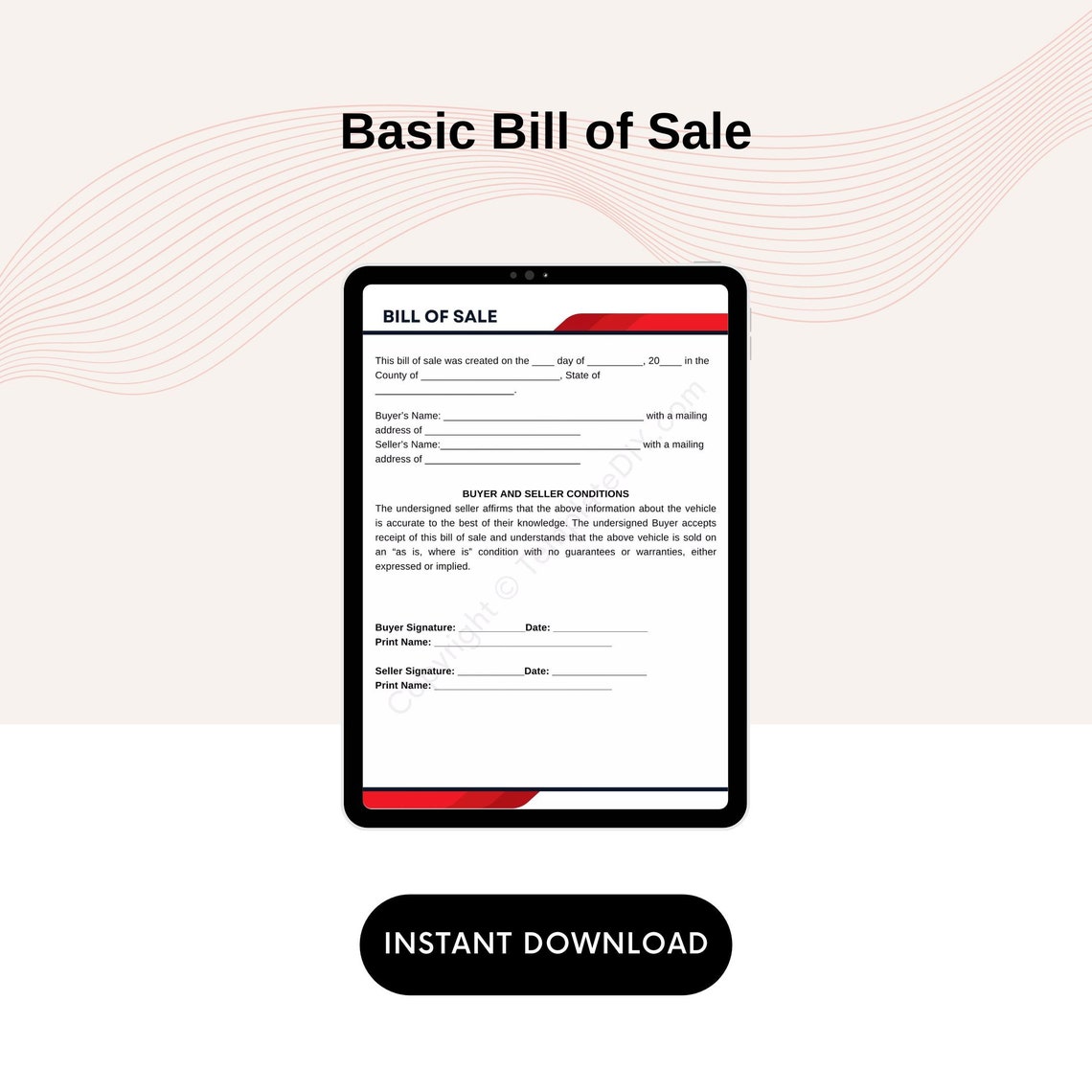 Basic Bill of Sale Blank Printable Form Template in PDF & Word - Etsy