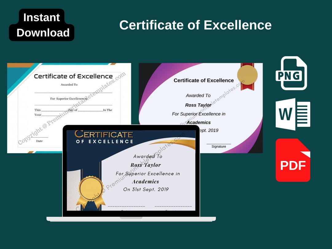 Printable Certificate of Excellence PDF & Editable pack of - Etsy