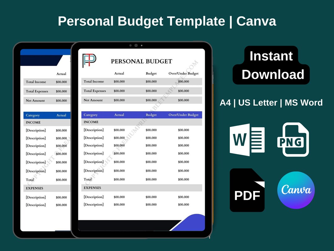 Printable Personal Budget Template in PDF and Word pack of 2 canva - Etsy