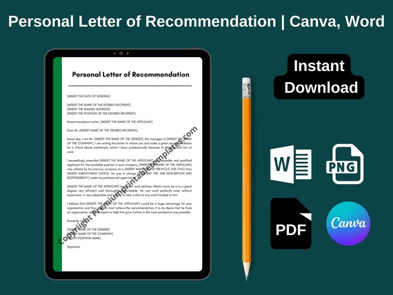 Personal Letter of Recommendation Editable PDF Canva - Etsy