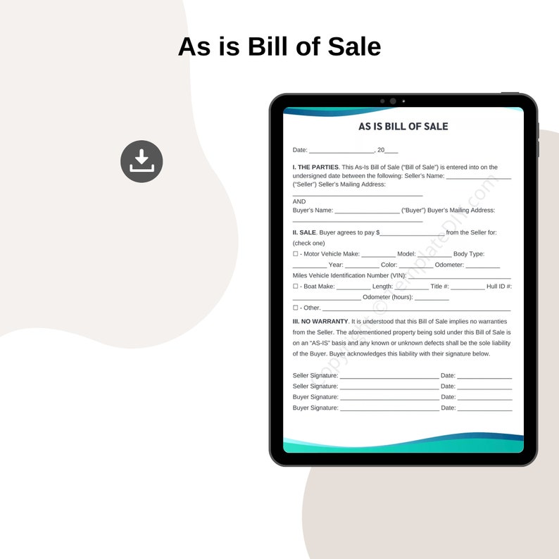 As is Bill of Sale Form Template Blank Printable in PDF & Word - Etsy