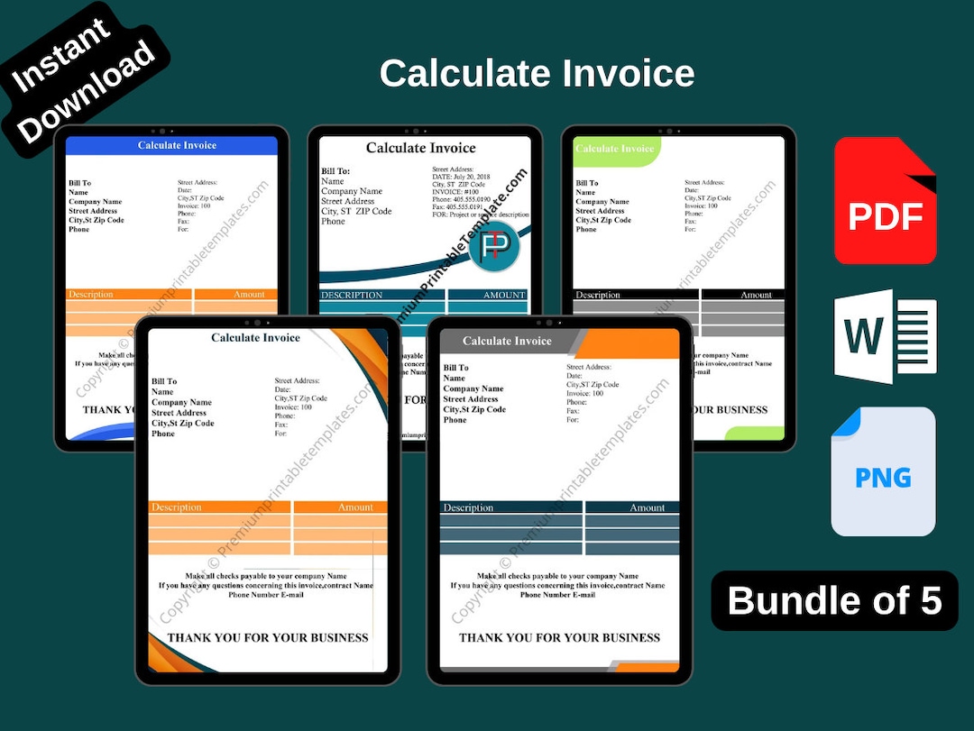 Printable Calculate Invoice pack of 5 - Etsy