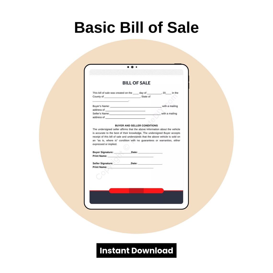 Basic Bill of Sale Blank Printable Form Template in PDF & Word - Etsy