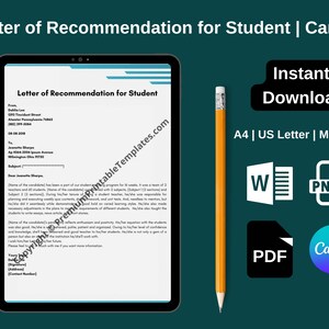 Letter of Recommendation for Student Editable & PDF Canva Template - Etsy