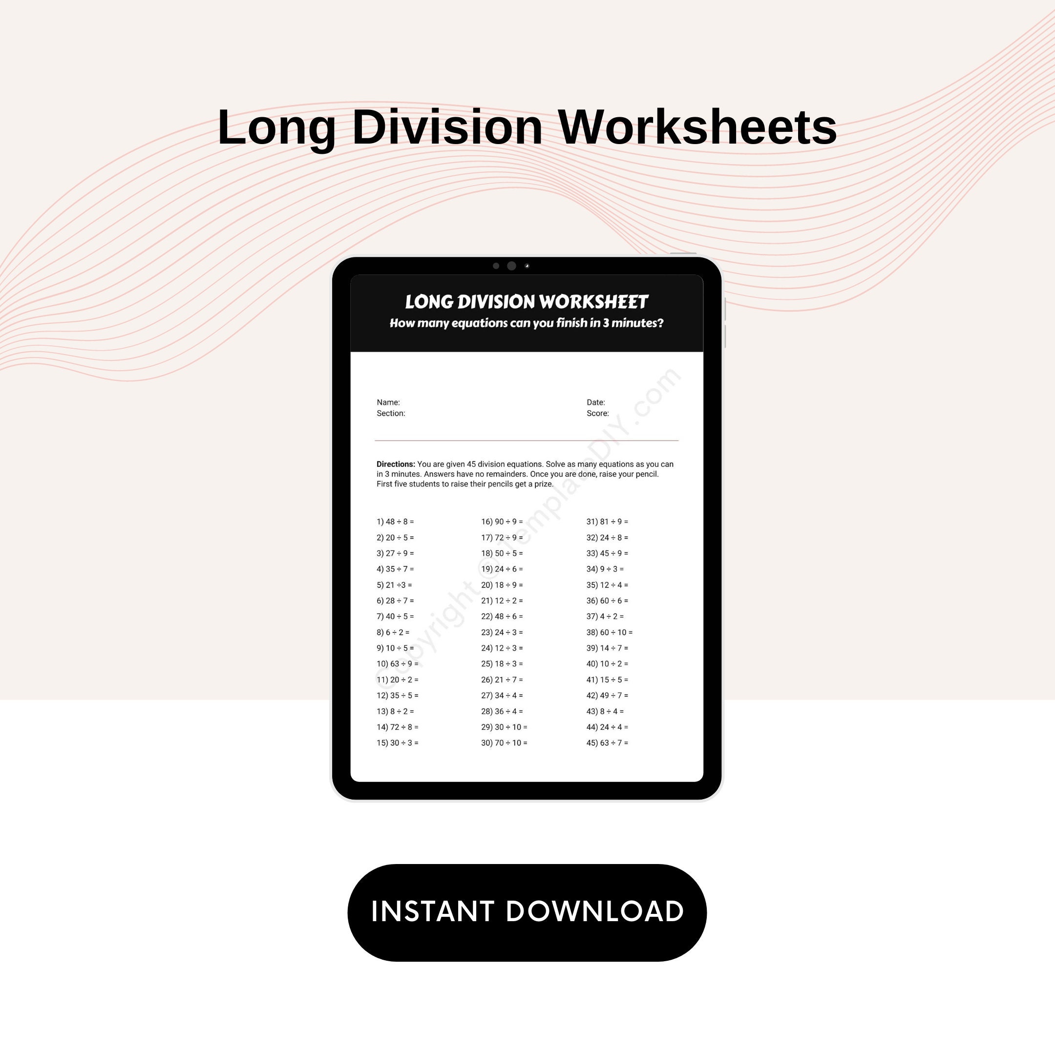Long Division Worksheet Blank Printable Template In PDF Word Etsy Long Division Worksheet Blank Printable Template In PDF Word Etsy