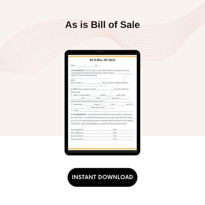 As is Bill of Sale Form Template Blank Printable in PDF & Word - Etsy