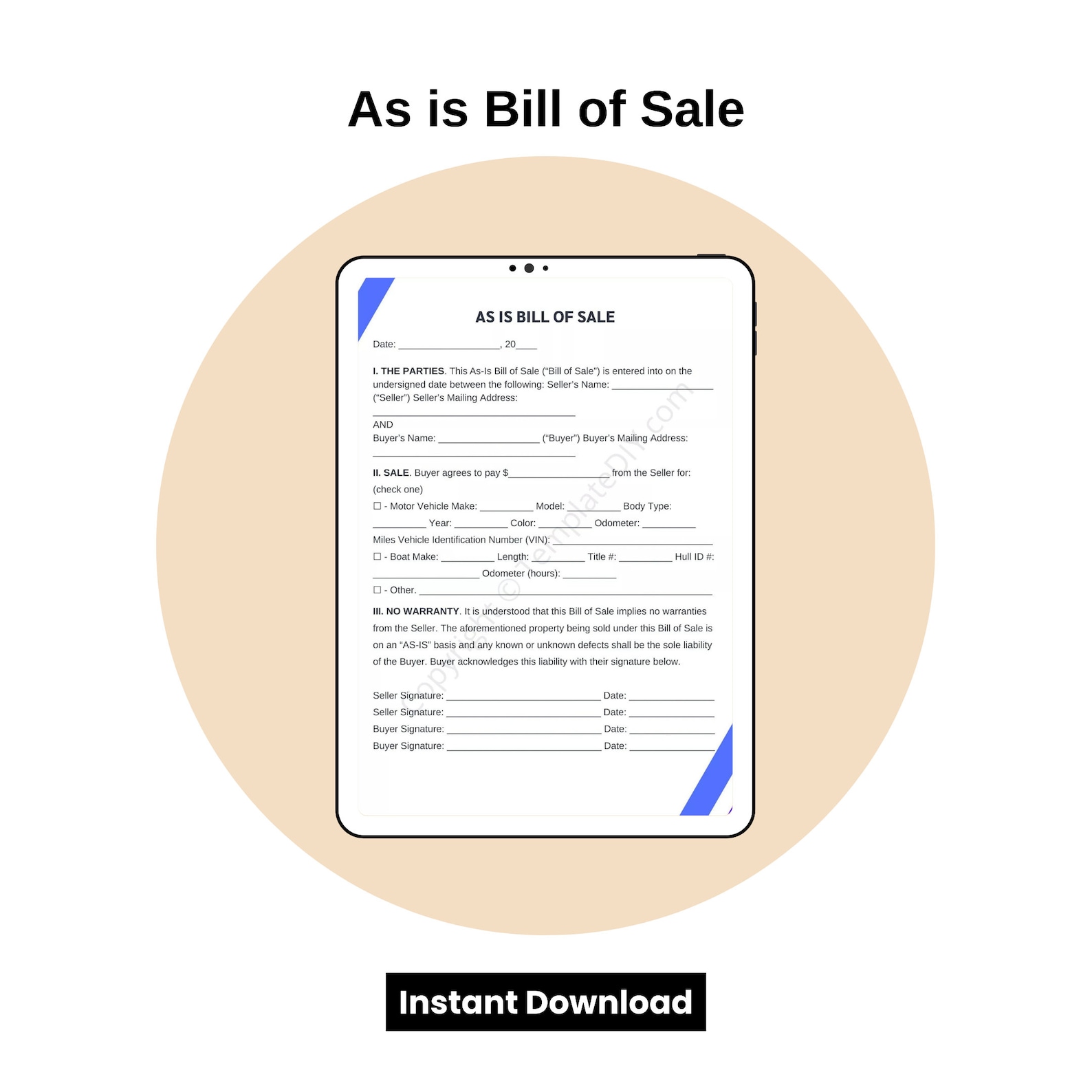 As is Bill of Sale Form Template Blank Printable in PDF & Word - Etsy
