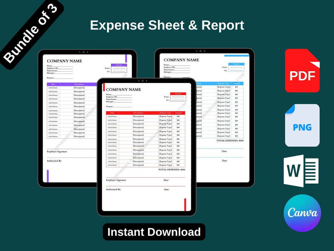 Printable Expense Sheet & Report in PDF and Word pack of 3canva - Etsy