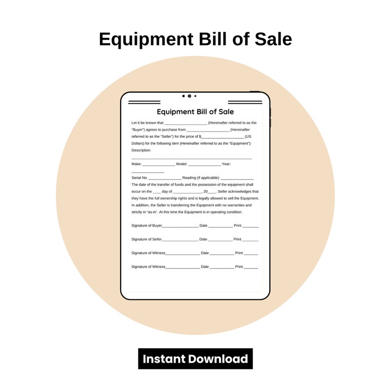 Equipment Bill of Sale Blank Printable Form Template in PDF & - Etsy