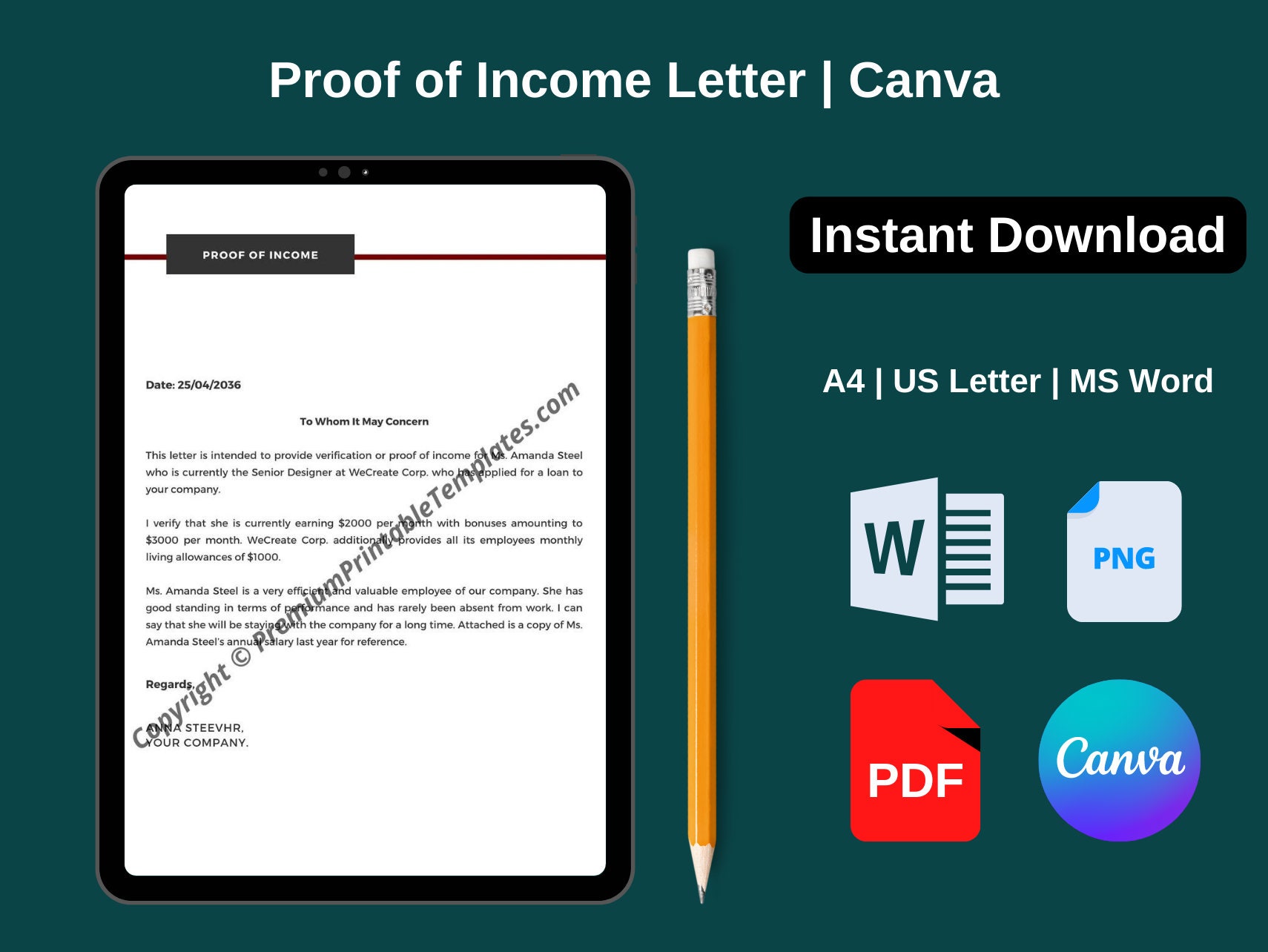 Proof of Income Letter Editable PDF Canva Template - Etsy