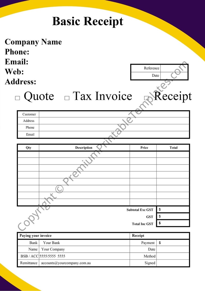 Basic Receipt Template pack of 5 - Etsy UK