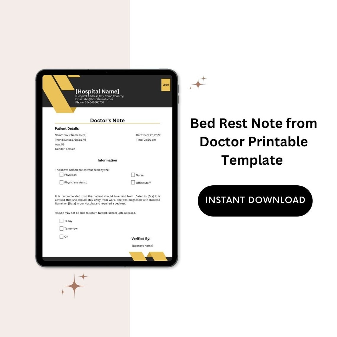 Bed Rest Note From Doctor Printable Template in Pdf & Word - Etsy