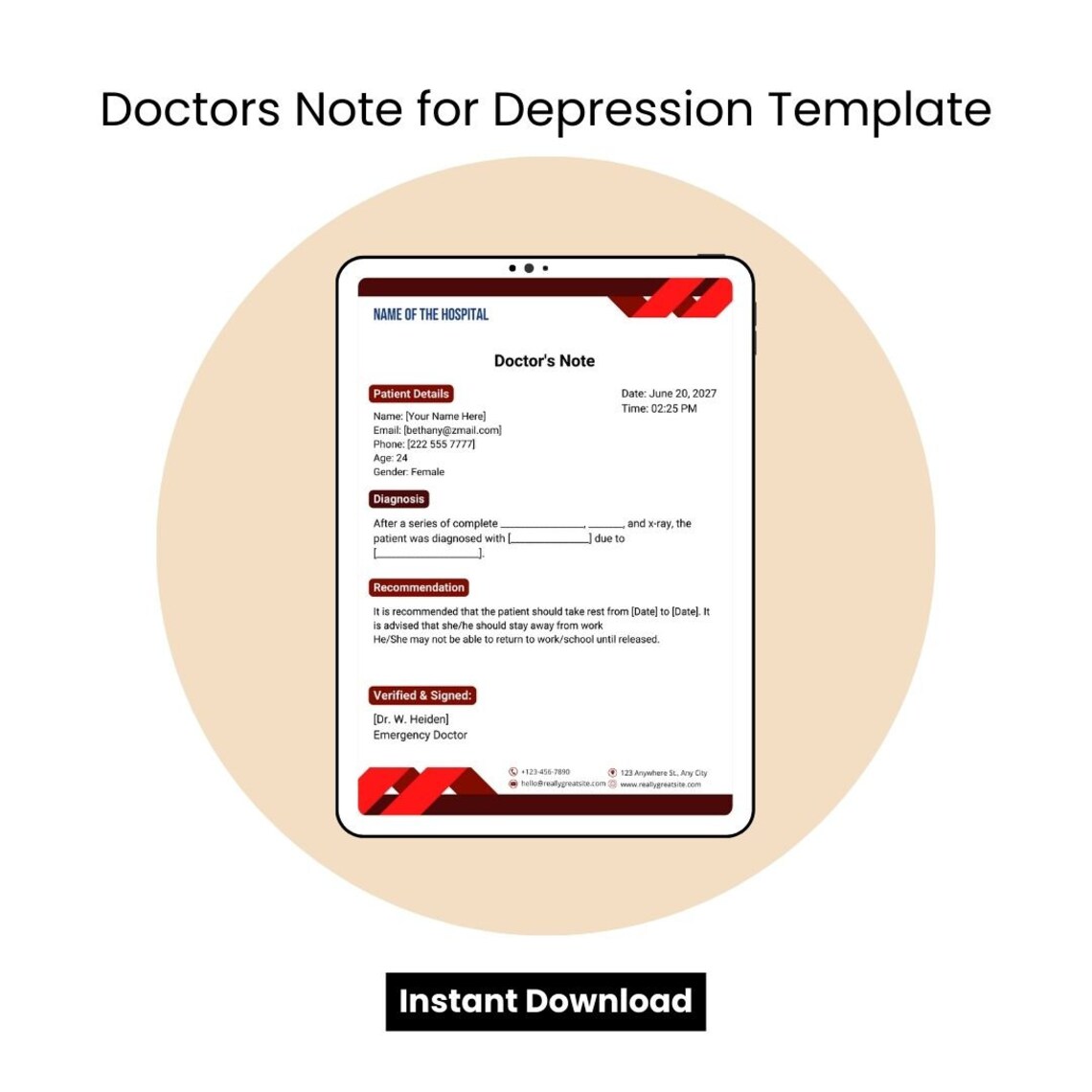 Doctors Note for Depression Template Printable in PDF & Word - Etsy
