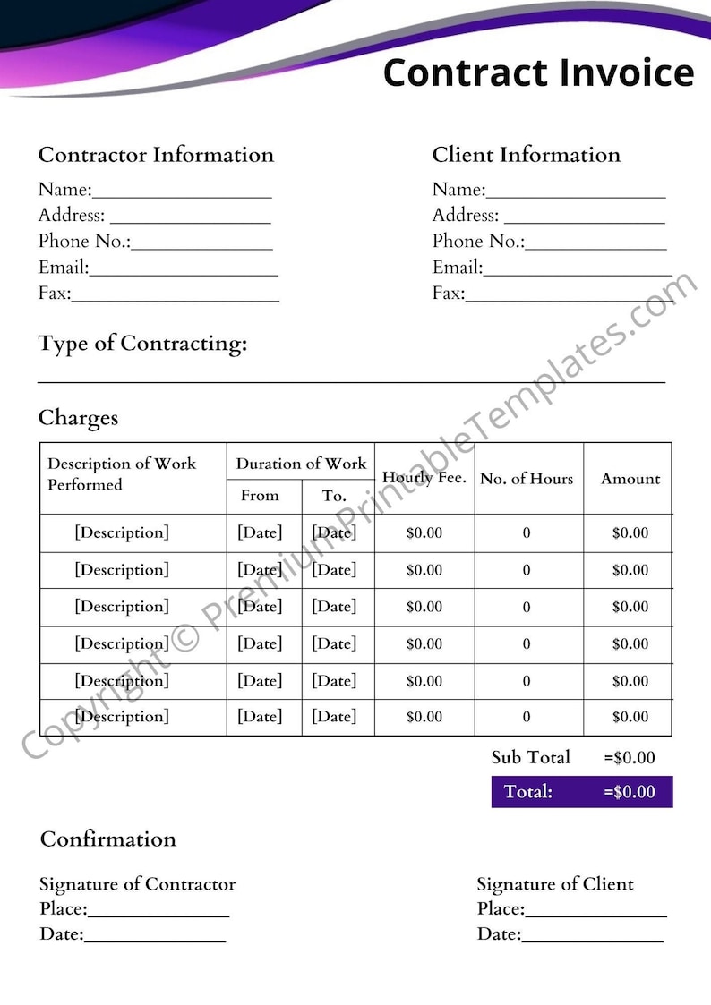 Printable Contract Invoice Template in PDF and Word Canva - Etsy