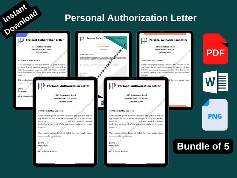 Personal Authorization Letter Template pack of 5 - Etsy