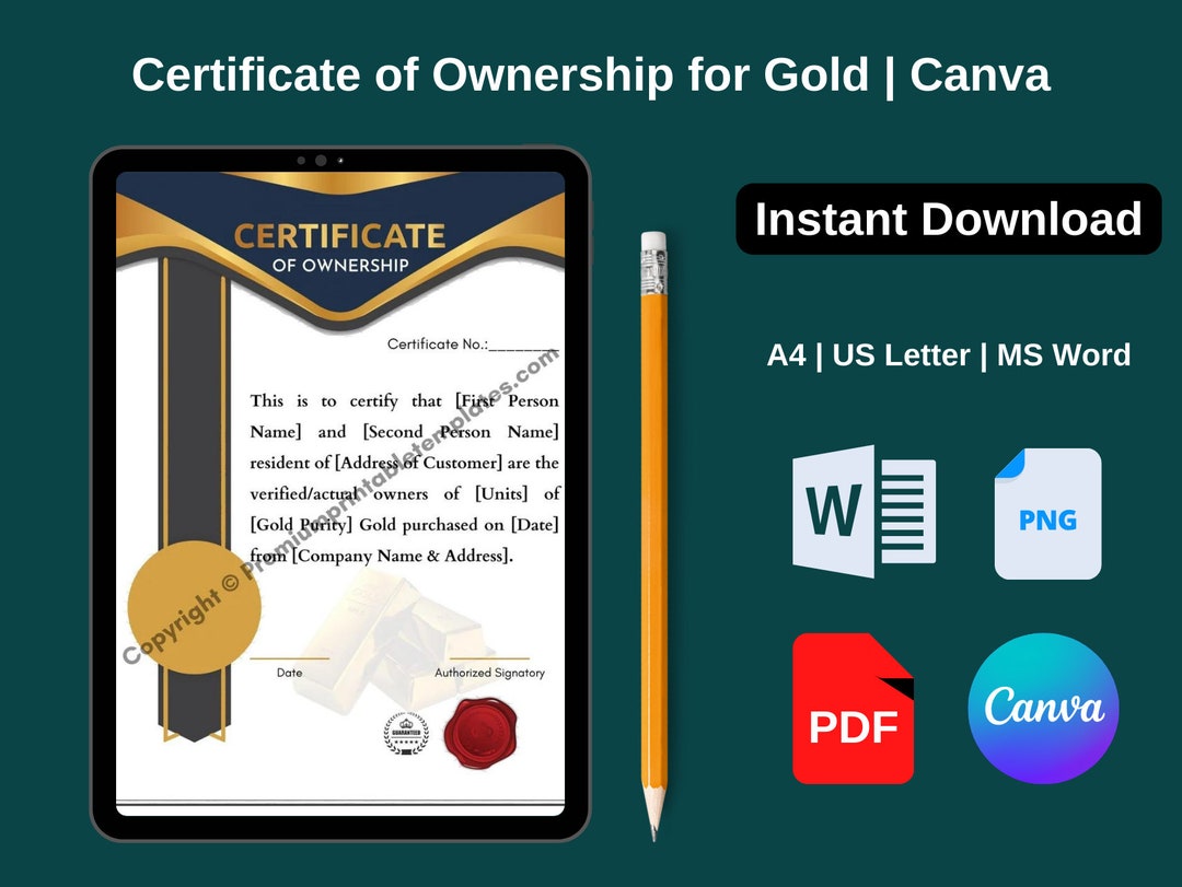 Certificate of Ownership for Gold for 2 People Canva Template - Etsy