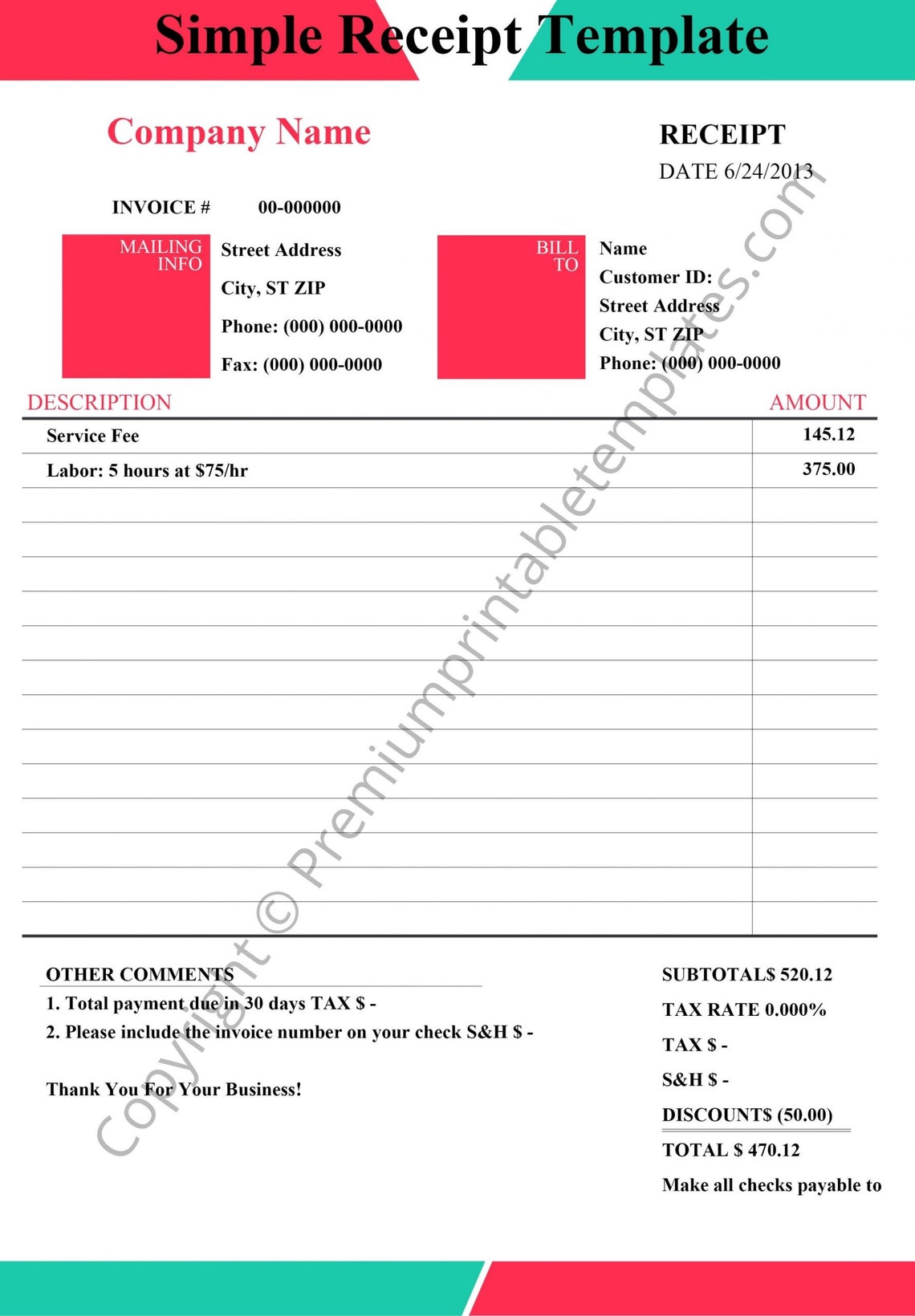 Simple Receipt Template pack of 5 - Etsy